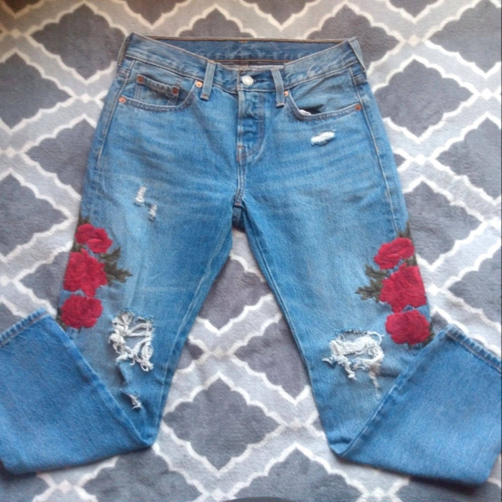 Levi 501 Torn & Tattered Red Rose Jeans - Gem
